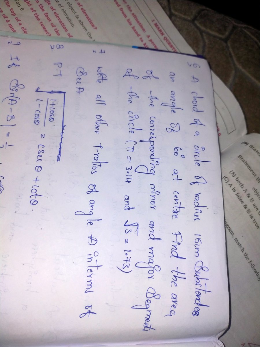 A chord of a circle of radius 15cm subtends an angle of 60° at centre. Fi..