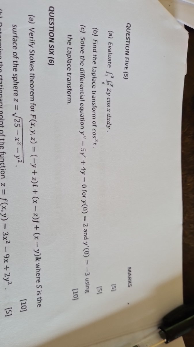 QUESTION FIVE (5) (a) Evaluate \int_{1}^{3} \int_{x}^{2y} \cos x \, dxdy..
