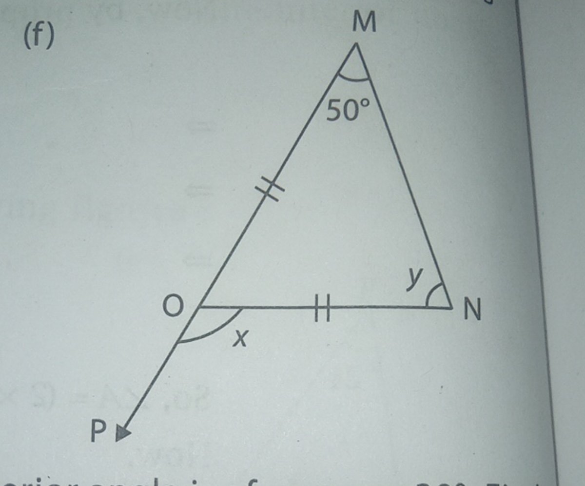 The image shows a triangle MNO with angle M = 50°. Side MO has two hash m..