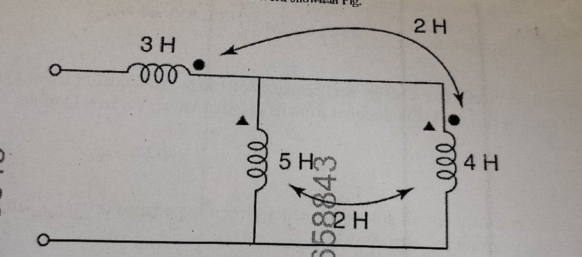 The image shows an electrical circuit diagram with inductors and their mu..