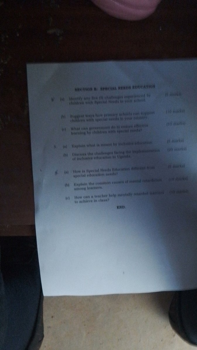 SECTION B: SPECIAL NEEDS EDUCATION (a) Identify any five (5) challenges