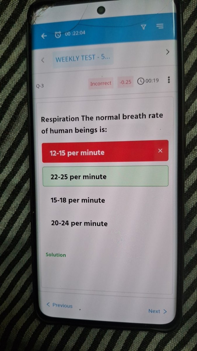 Respiration: The normal breath rate of human beings is: A) 12-15 per min..