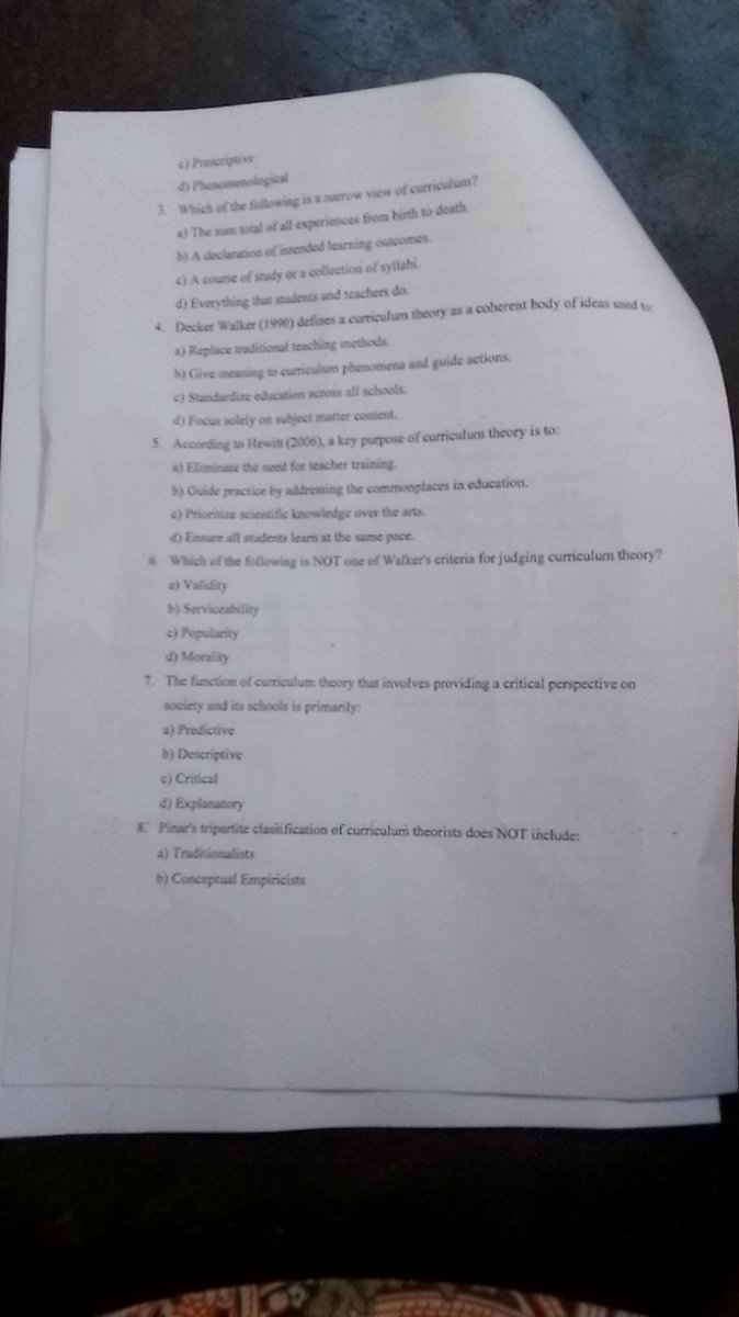 Which of the following is a narrow view of curriculum? a) The sum total o..