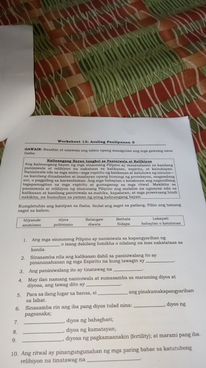 Worksheet 13: Araling Panlipunan 5 GAWAIN: Basahin at unawain ang talata..