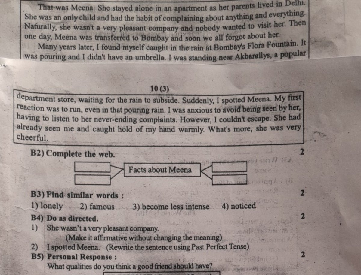 B2) Complete the web. [Diagram: "Facts about Meena" in the center with f..