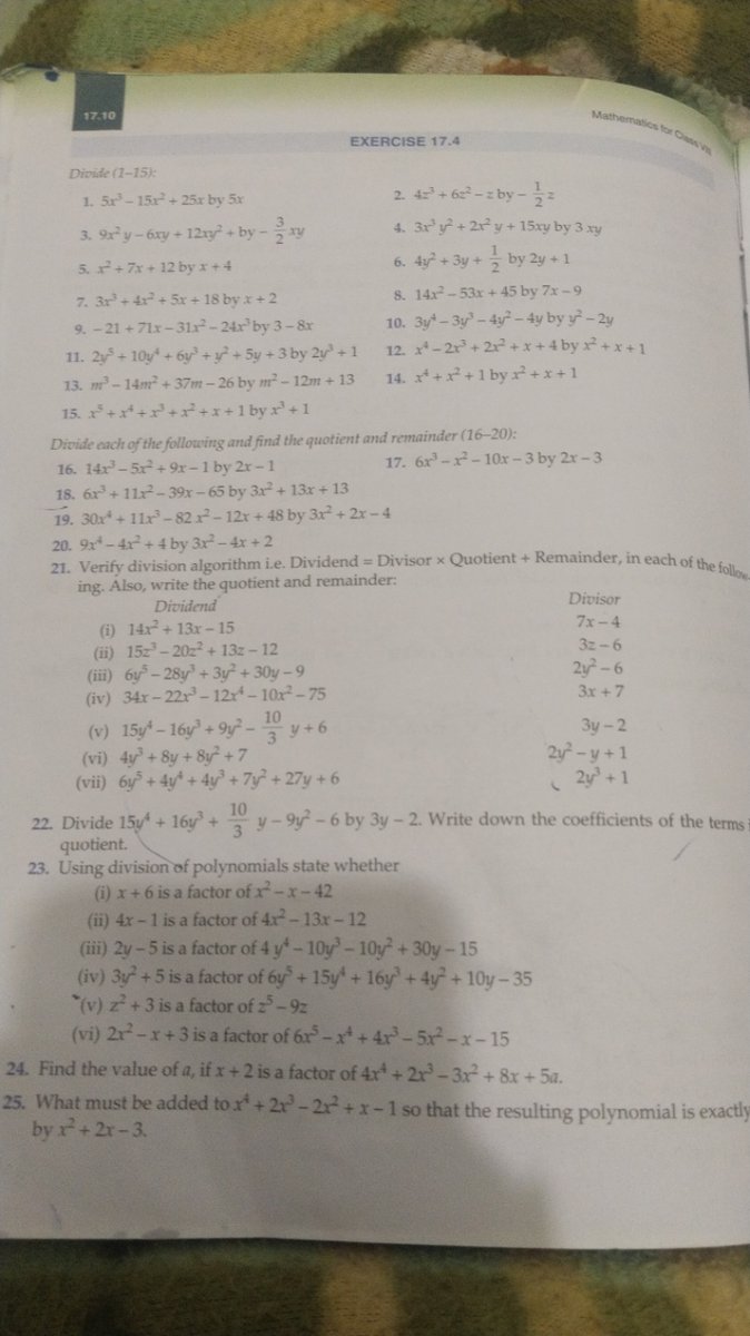 Here are the questions from Exercise 17.4: Divide (1-15): 5x^3 - 15x^2
