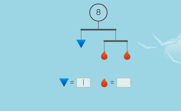 The image shows a number bond diagram. The number 8 is at the top. Below