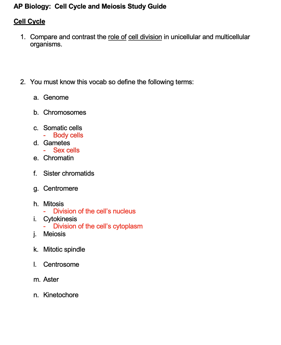 AP Biology: Cell Cycle and Meiosis Study Guide Cell Cycle Compare and c..