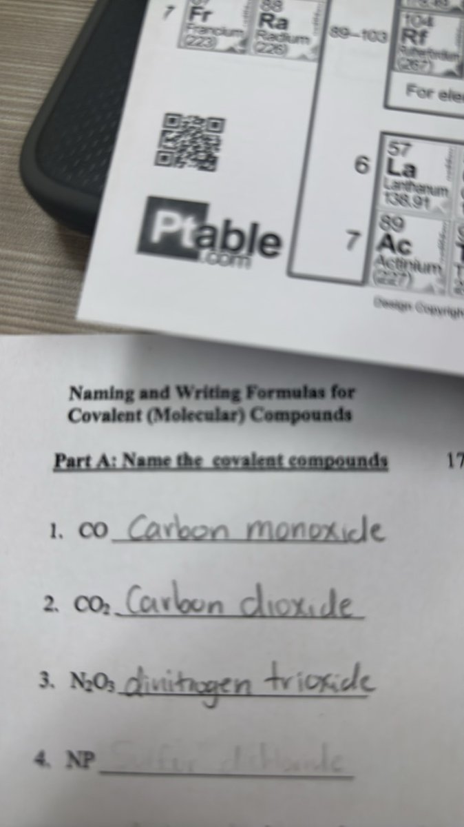 Naming and Writing Formulas for Covalent (Molecular) Compounds Part A: N..
