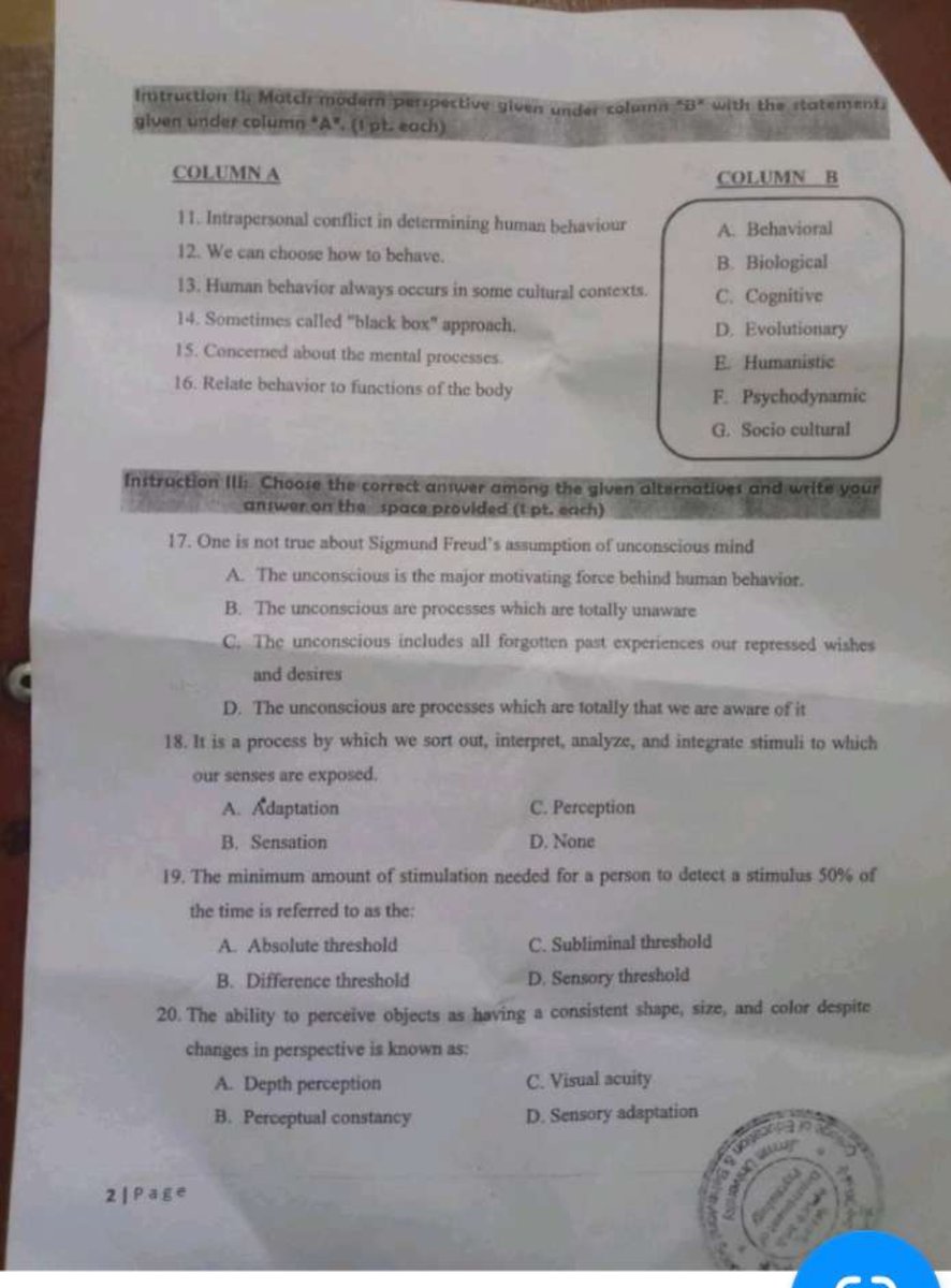 Instruction II: Match modern perspective given under column "B" with the