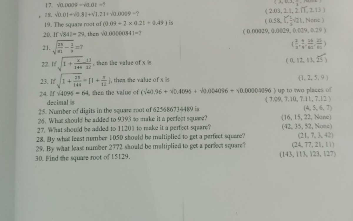 Here are a series of mathematics problems related to square roots and per..