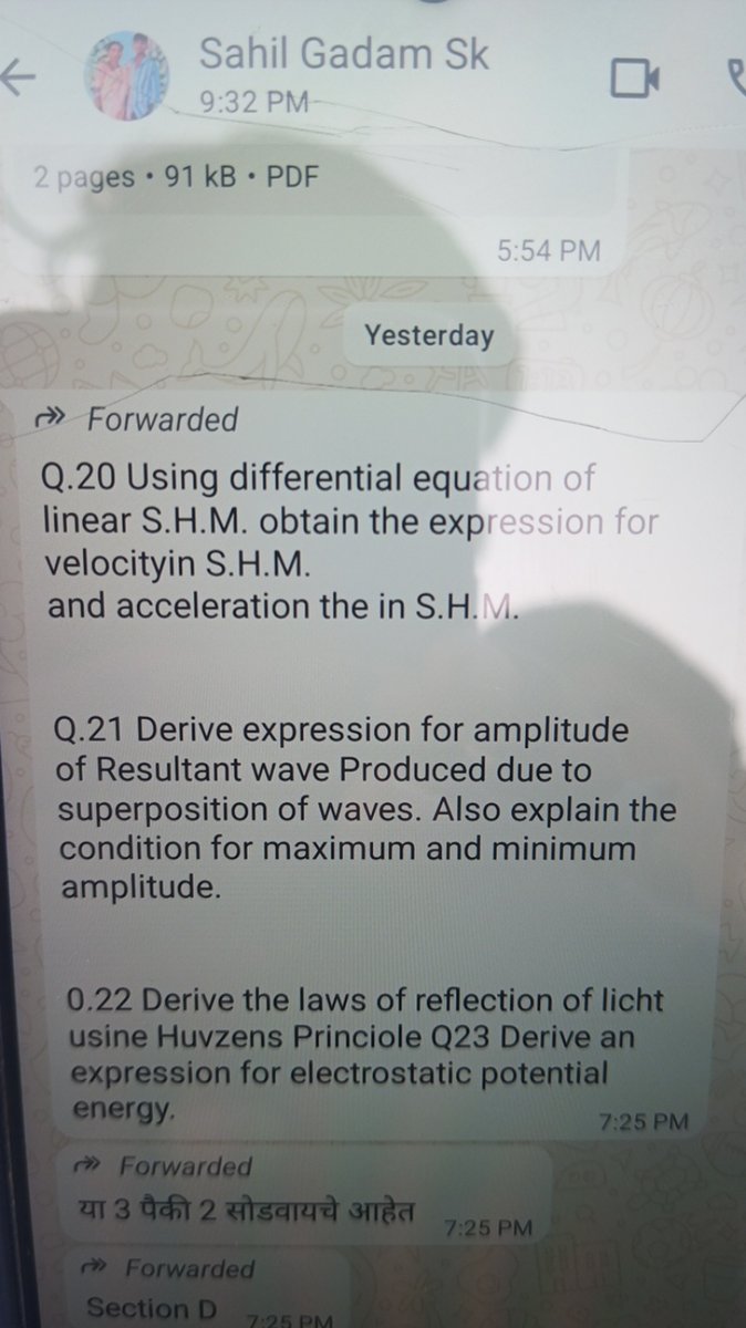 Q.20 Using differential equation of linear S.H.M. obtain the expression f..