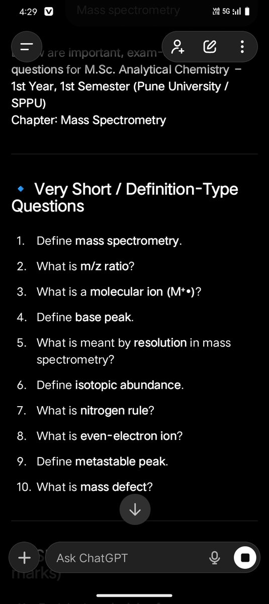 Here are some very short/definition-type questions related to Mass Spectr..
