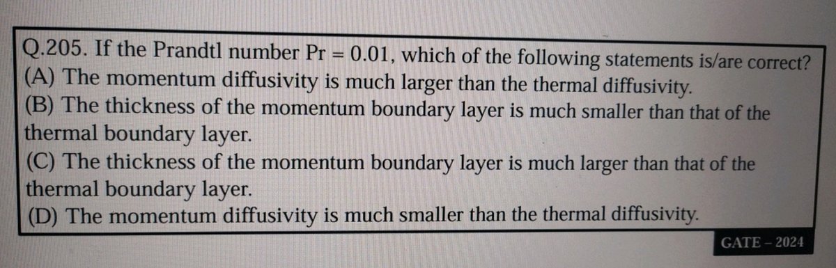 Q.205. If the Prandtl number Pr = 0.01, which of the following statements..