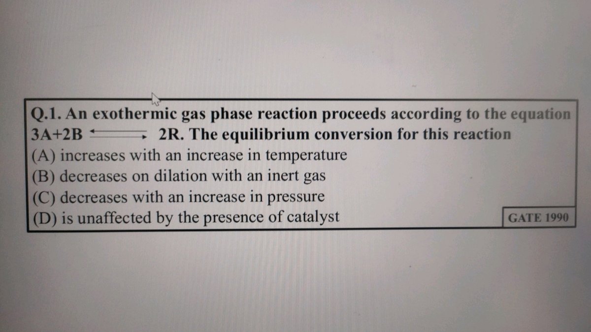 Q.1. An exothermic gas phase reaction proceeds according to the equation:..