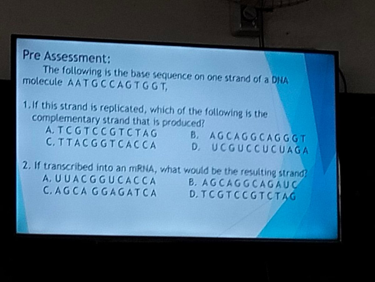 Pre Assessment: The following is the base sequence on one strand of a DNA..