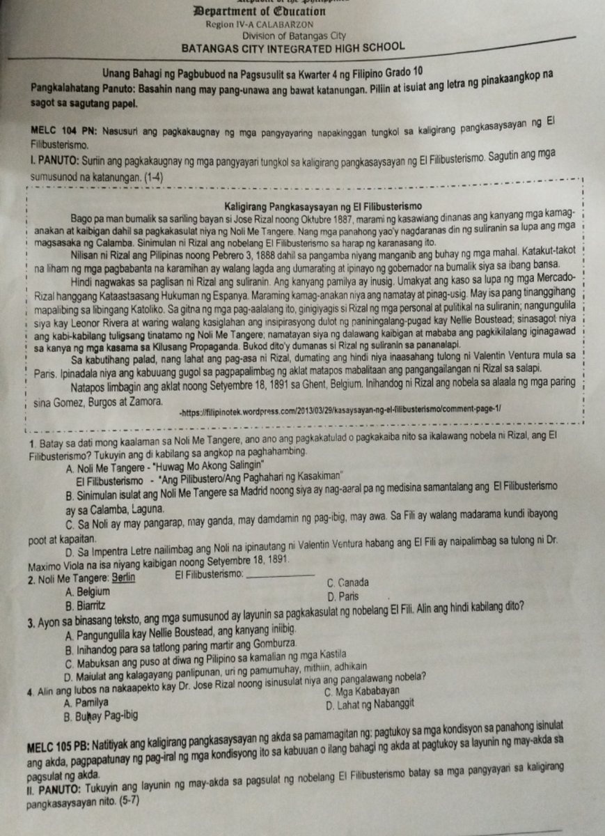 Unang Bahagi ng Pagbubuod na Pagsusulit sa Kwarter 4 ng Filipino Grado 10..