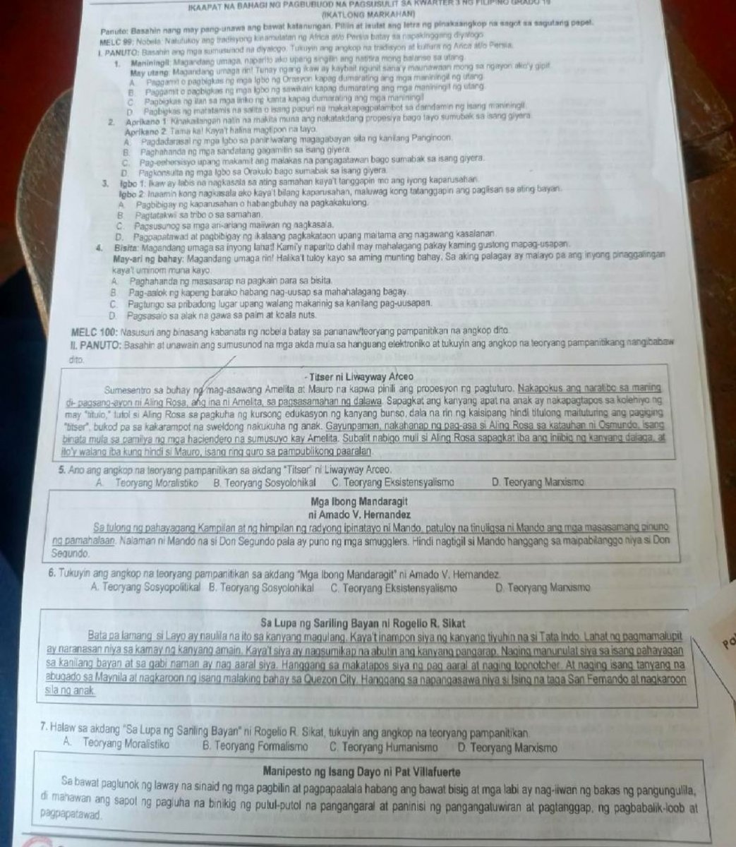 IKAAPAT NA BAHAGI NG PAGBUBUOD NA PAGSUSULIT SA KWARTER 3 NG FILIPINO GRA..