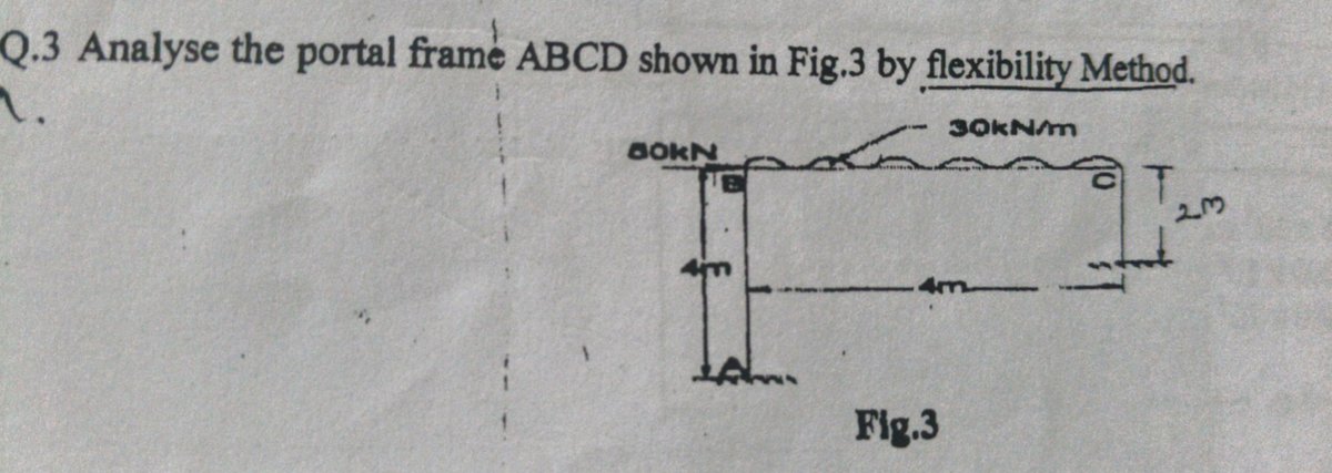 Q.3 Analyse the portal frame ABCD shown in Fig.3 by flexibility Method.