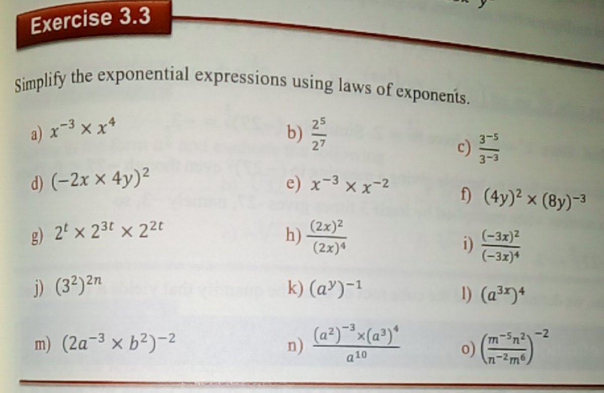 Simplify the exponential expressions using laws of exponents. a) x^{-3}