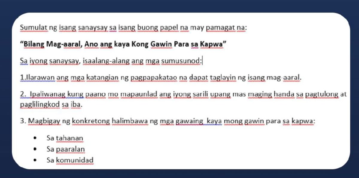 Sumulat ng isang sanaysay sa isang buong papel na may pamagat na: "Bilan..