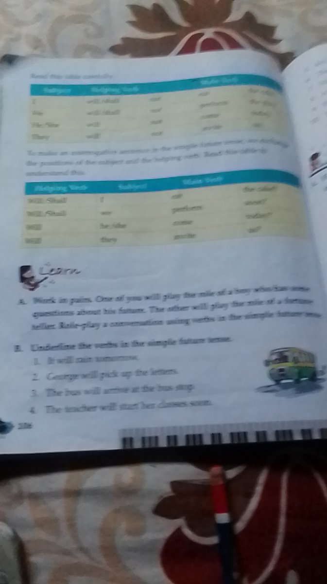 B. Underline the verbs in the simple future tense. It will rain tomorrow...