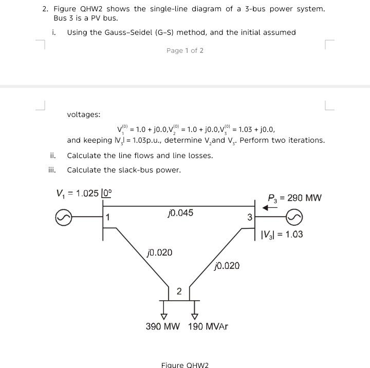 Figure QHW2 shows the single-line diagram of a 3-bus power system. Bus 3