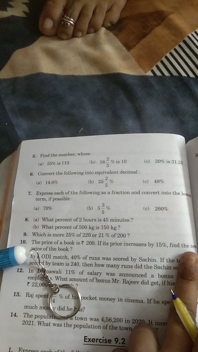 Find the number, whose: (a) 55% is 110 (b) 16 2/3 % is 10 (c) 20% is 31.2..