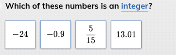 Which of these numbers is an integer? -24 -0.9 5/15 13.01 | Filo