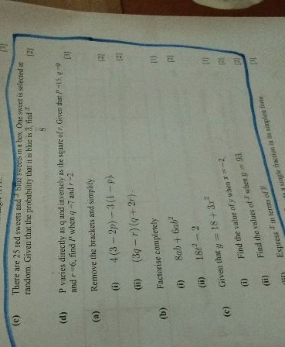 (c) There are 25 red sweets and x blue sweets in a box. One sweet is sele..