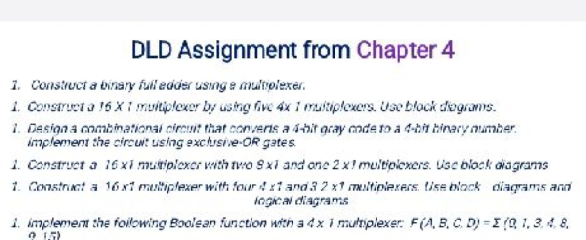 DLD Assignment from Chapter 4 Construct a binary full adder using a mult..