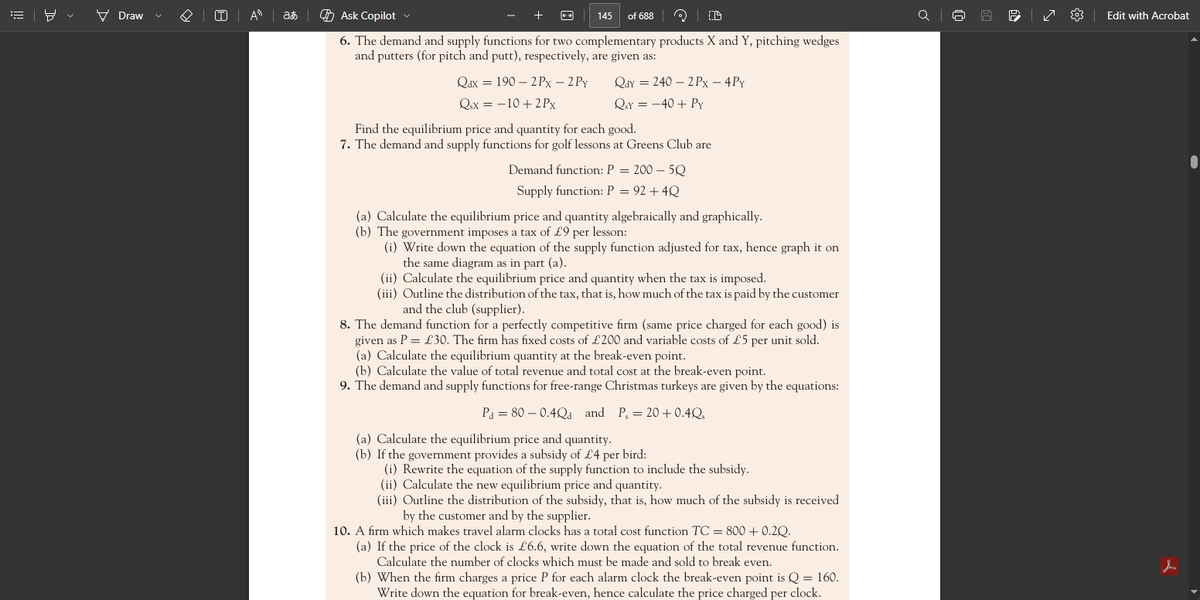 The demand and supply functions for two complementary products X and Y, p..
