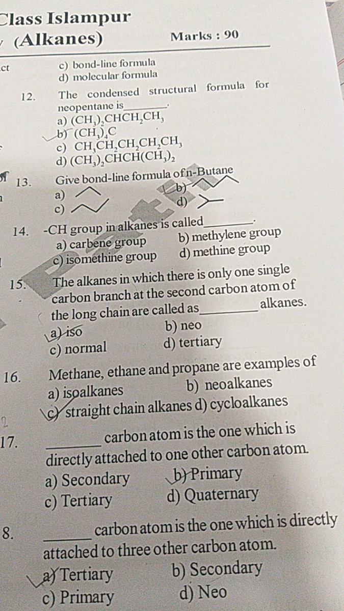 The condensed structural formula for neopentane is a) (CH₃)₂CHCH₂CH₃ b)