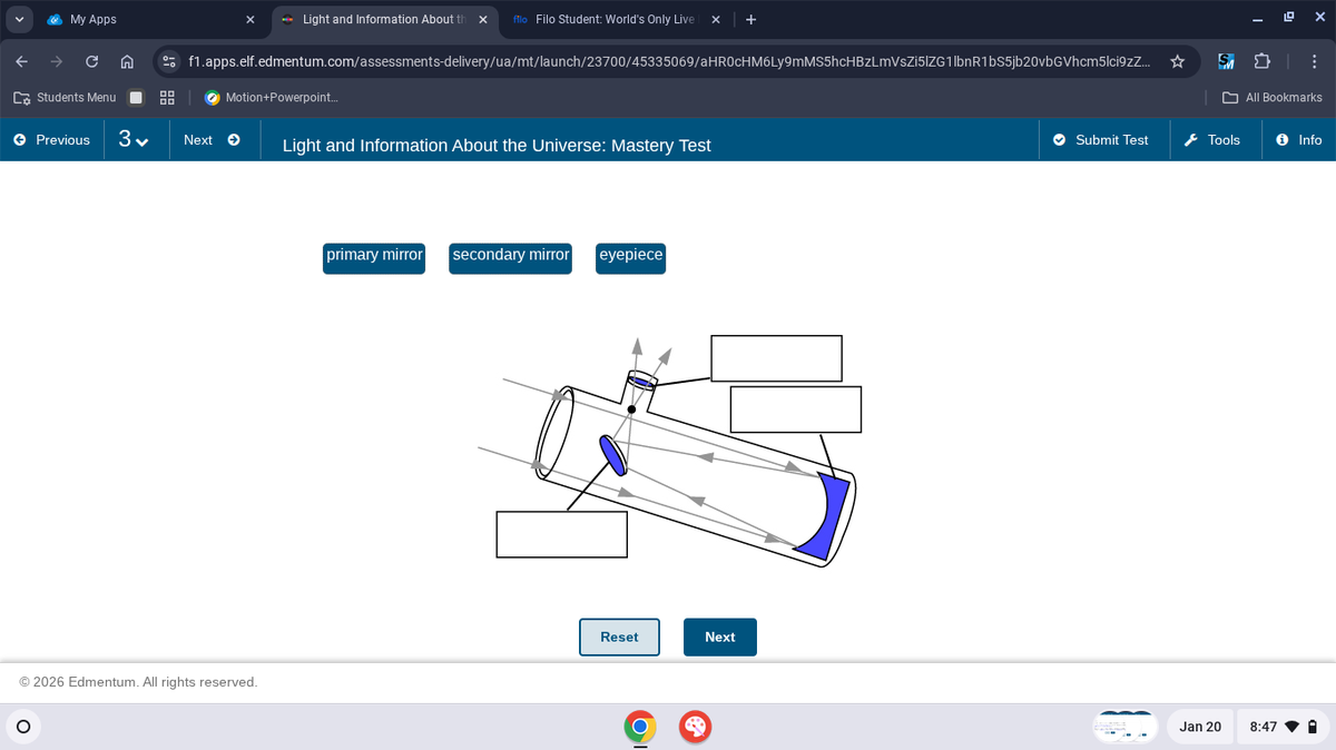 The image shows a diagram of a telescope. There are three labels provided..