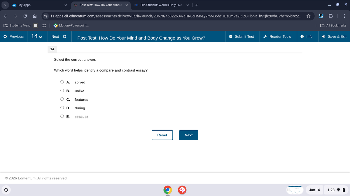 Select the correct answer. Which word helps identify a compare and contr..