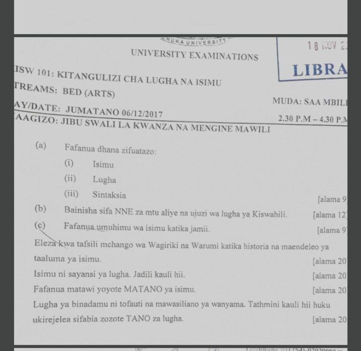 ISW 101: KITANGULIZI CHA LUGHA NA ISIMU UNIVERSITY EXAMINATIONS TREAMS:..