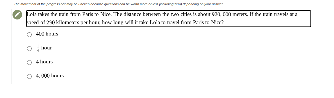 Lola takes the train from Paris to Nice. The distance between the two cit..