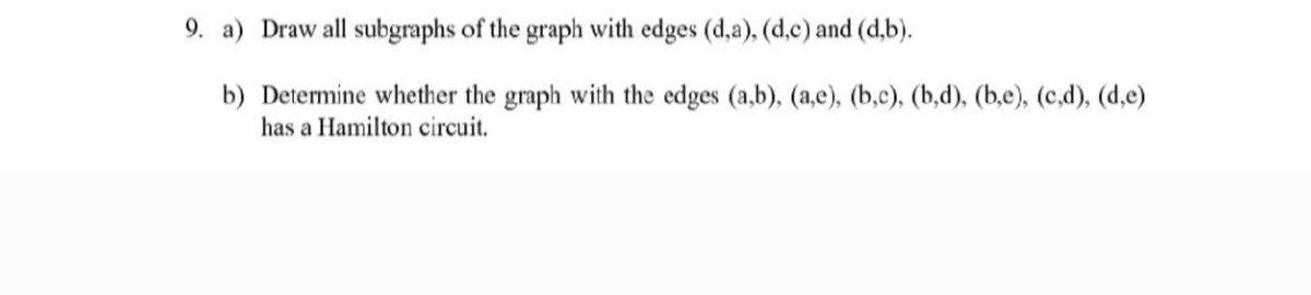 a) Draw all subgraphs of the graph with edges (d,a), (d,c) and (d,b). b)