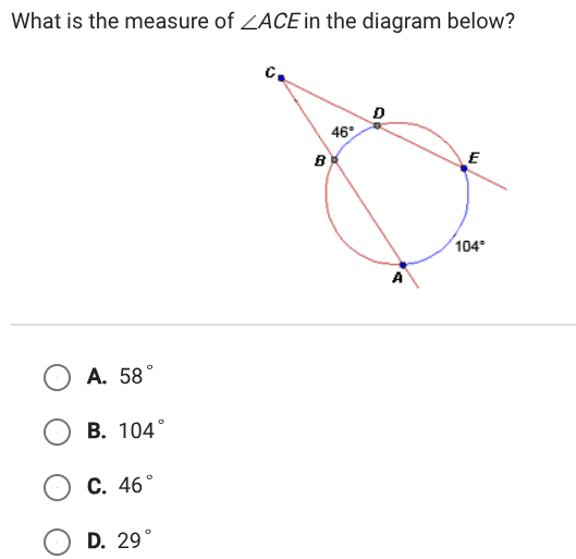 What is the measure of ∠ACE in the diagram below? (Diagram shows a circl..