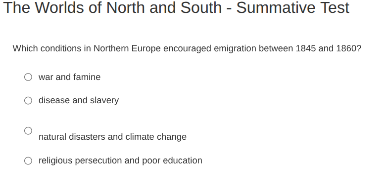 Which conditions in Northern Europe encouraged emigration between 1845 an..