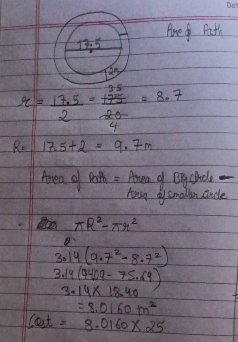 The image shows calculations for the area of a path and its cost. The pat..
