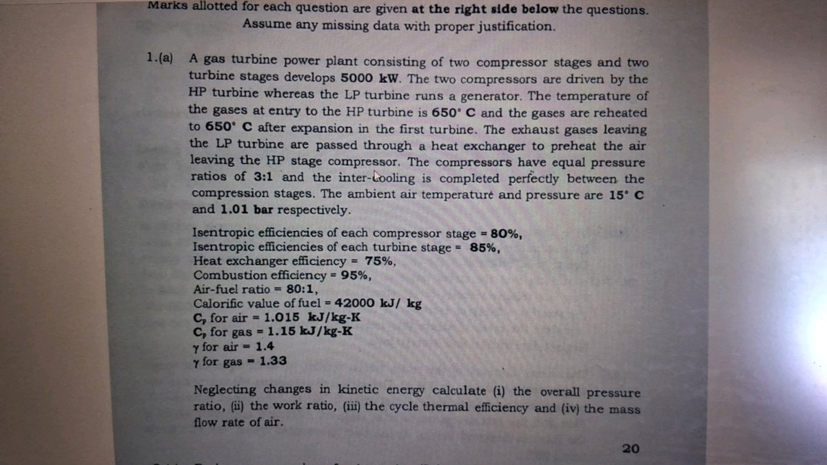 A gas turbine cycle with two‐stage compression (perfect intercooling), tw..