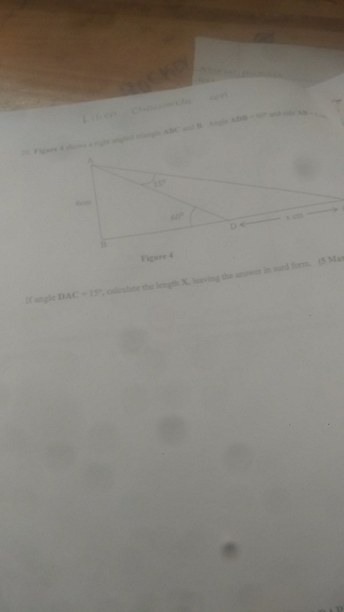 Figure 4 shows a right-angled triangle ABC and B. Angle ADB = 60° and sid..