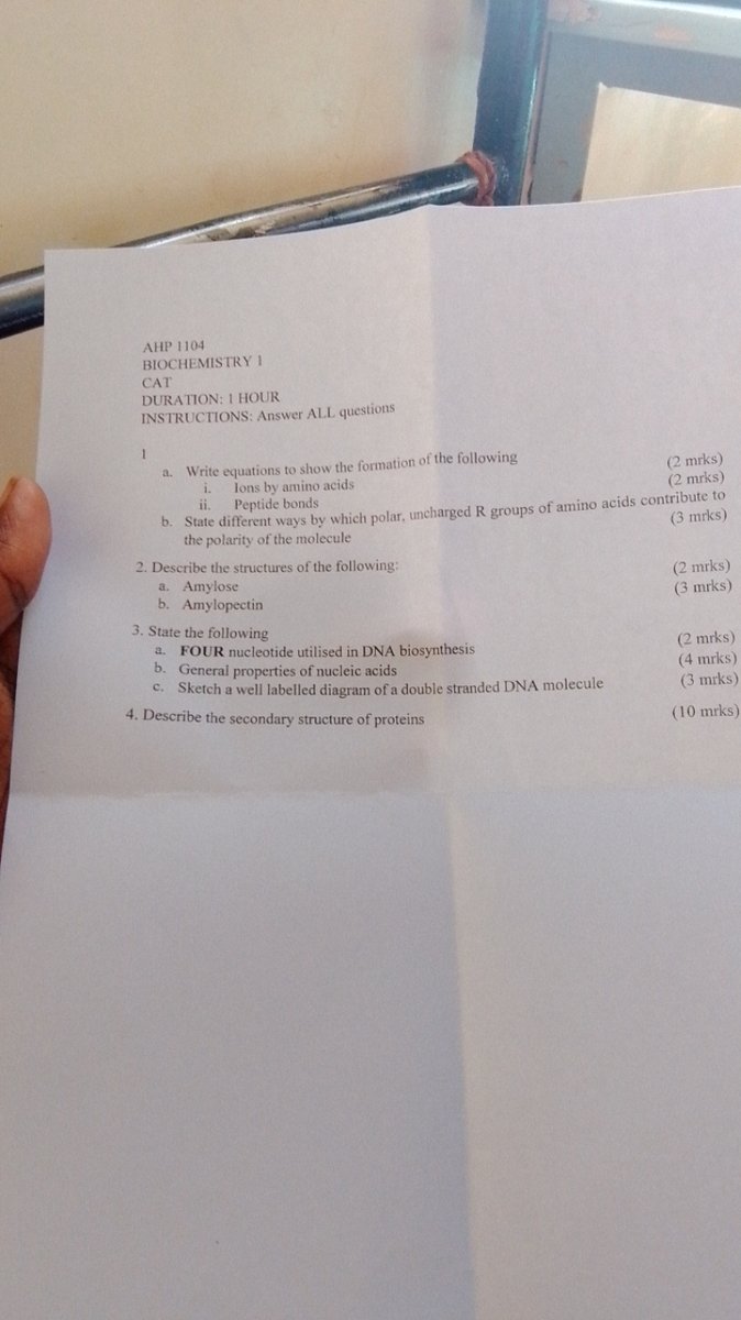 AHP 1104 BIOCHEMISTRY 1 CAT DURATION: 1 HOUR INSTRUCTIONS: Answer ALL que..