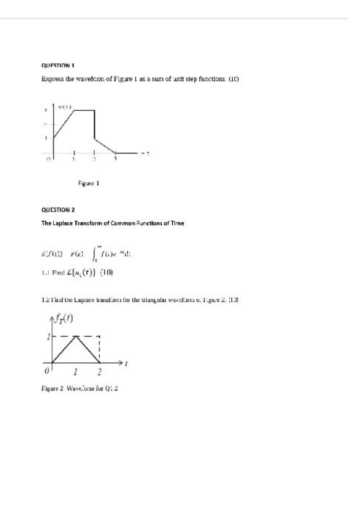 QUESTION 1 Express the waveform of Figure 1 as a sum of unit step functio..