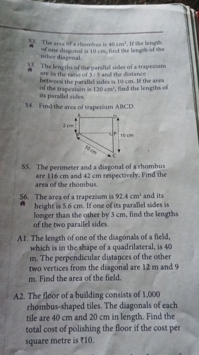 S4. Find the area of trapezium ABCD. (Diagram shows a trapezium ABCD wit..