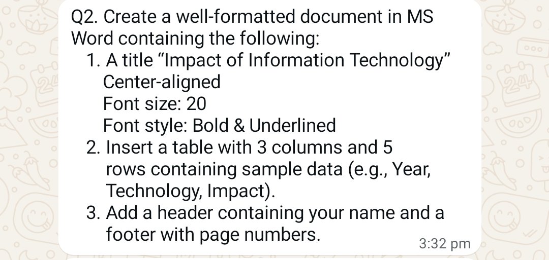 Q2. Create a well-formatted document in MS Word containing the following:..