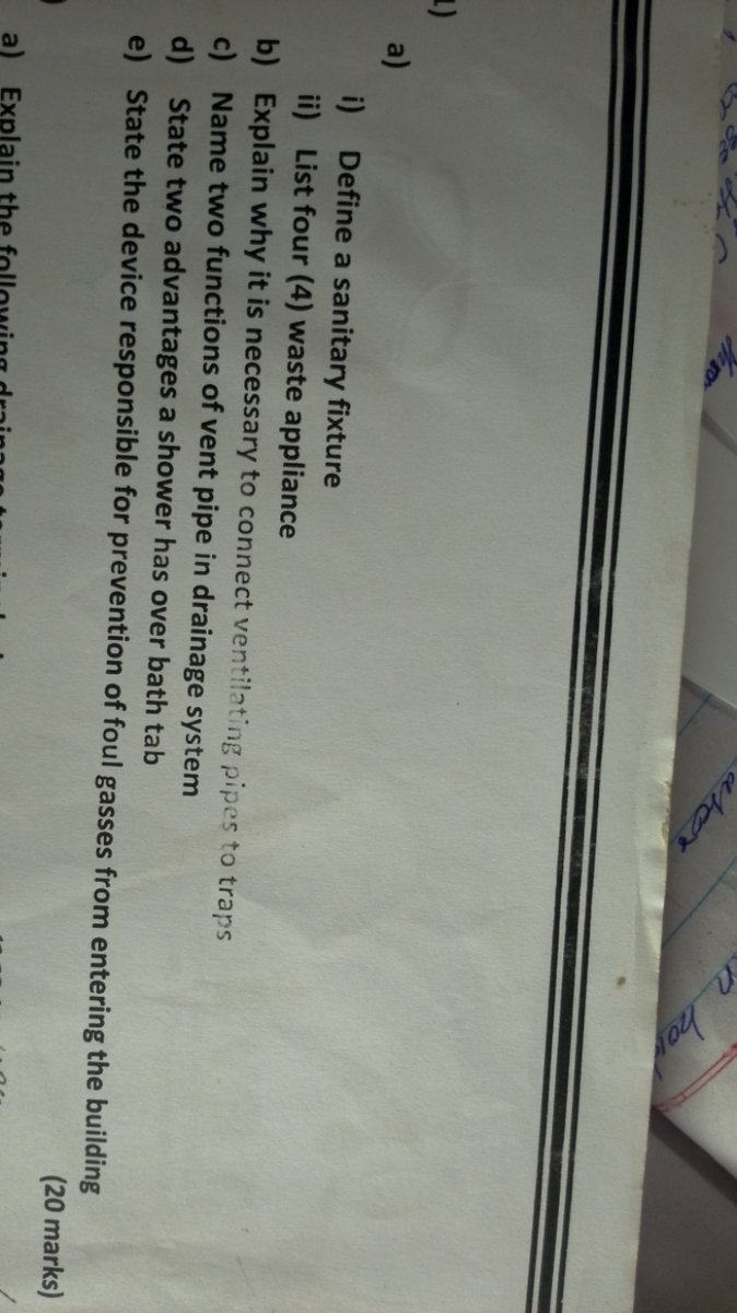 a) i) Define a sanitary fixture ii) List four (4) waste appliance b) Expl..