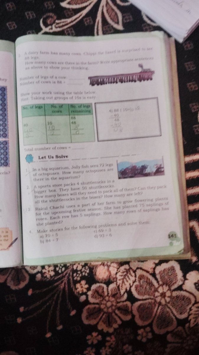 Here are some math problems: In a big aquarium, Jolly fish sees 72 legs