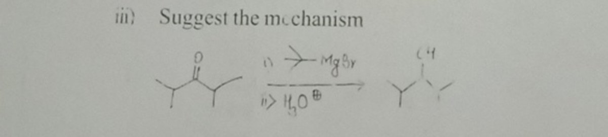 iii) Suggest the mechanism [Diagram showing a ketone reacting with a Gri..